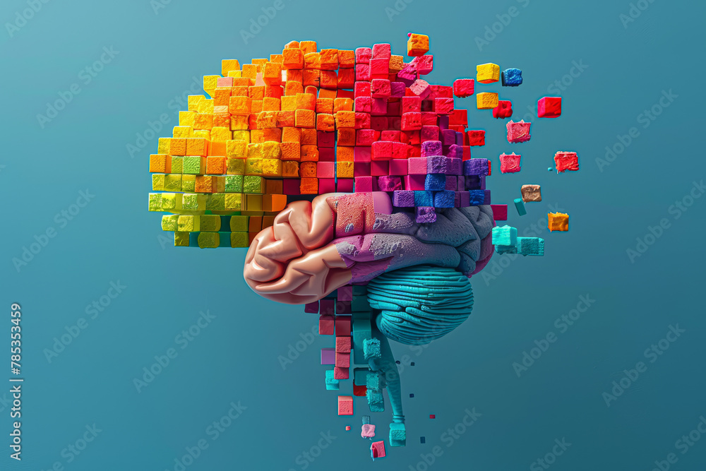 A colorful brain made of blocks. The brain is broken into pieces and ...