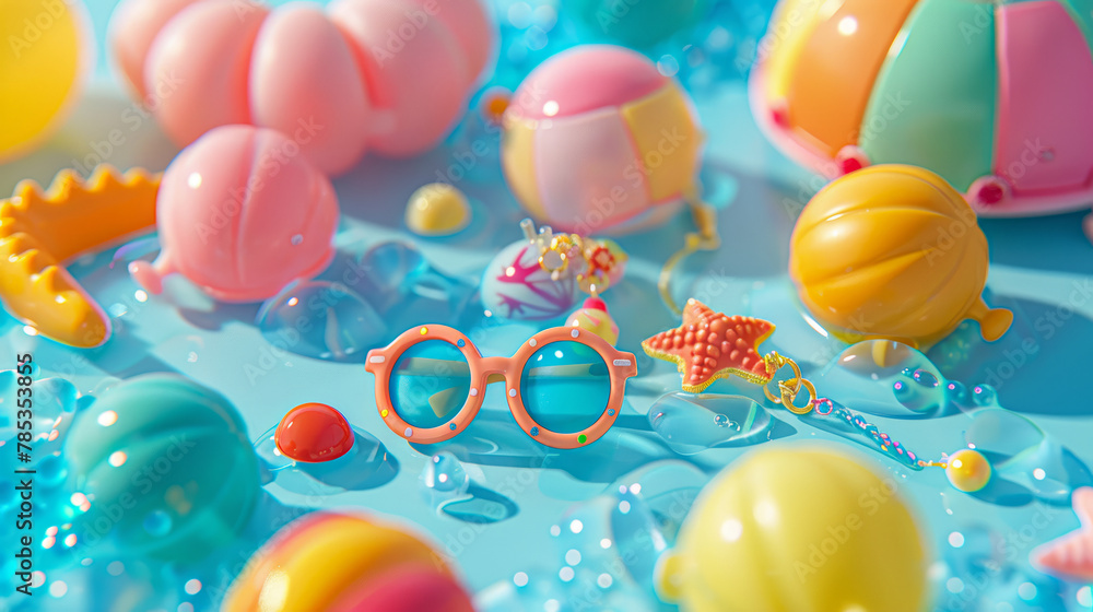 A colorful assortment of toys and trinkets are scattered on a blue ...
