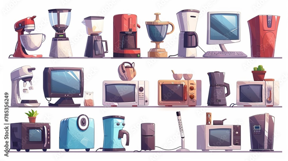 Cartoon vector set of broken home appliances, including damaged blender ...