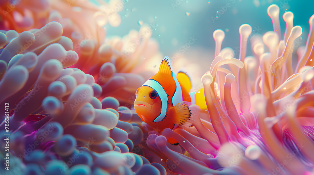 Underwater close-up of a colorful clownfish nestled among the tentacles ...