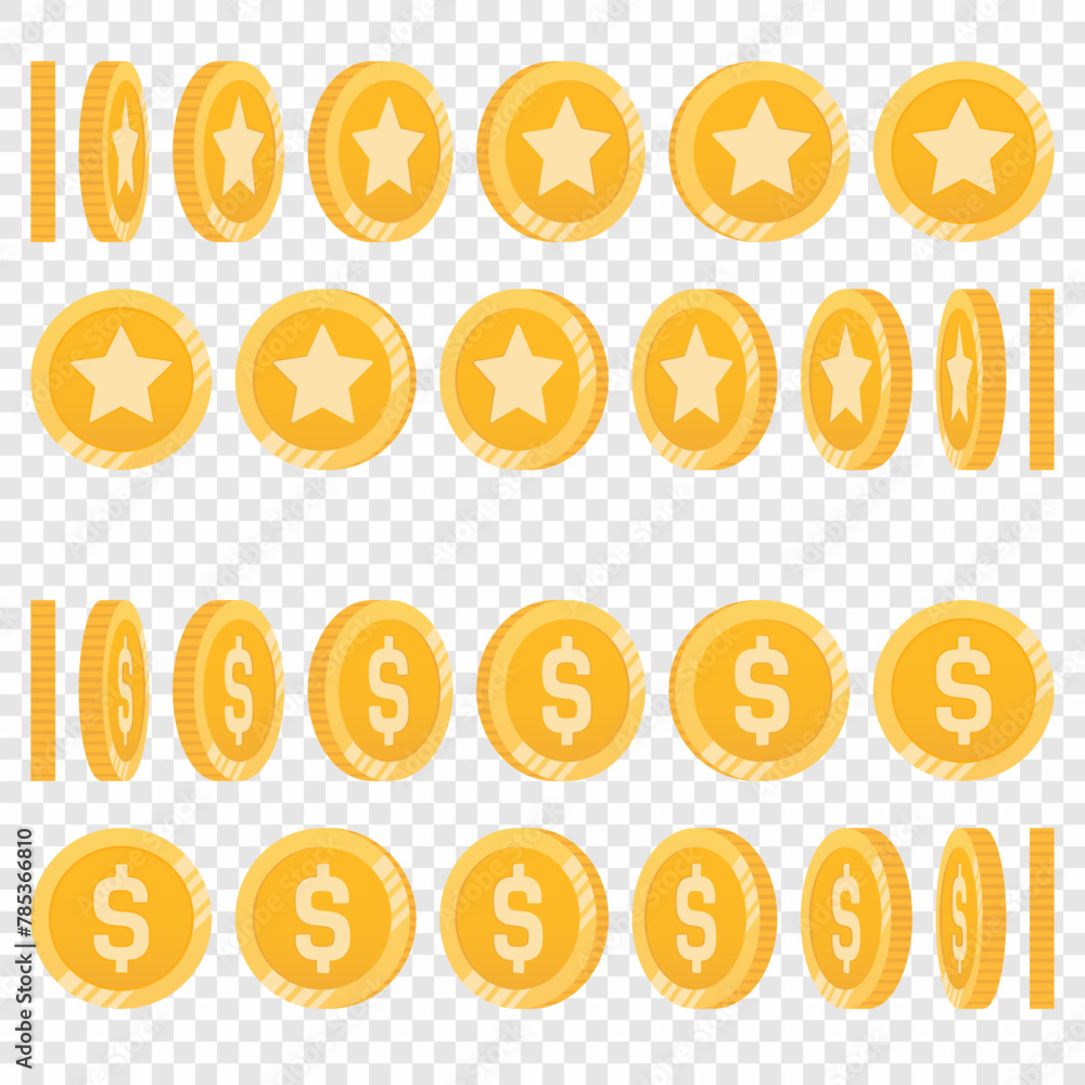 Gold coin set at different rotation angles for animation. Cartoon ...