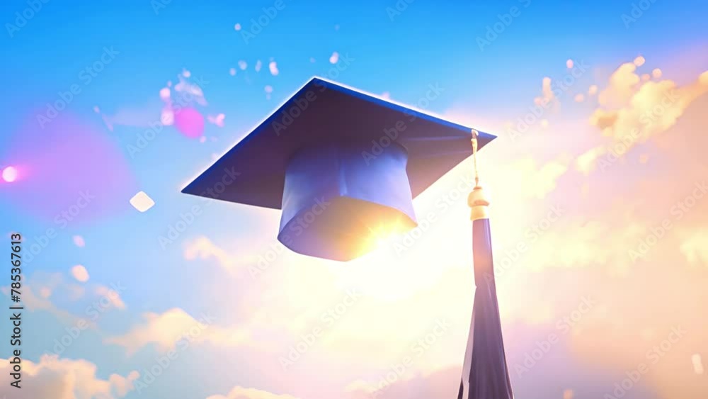 Graduation hat flying in the sky. Graduate are celebrating graduation ...