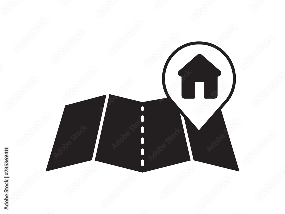 Within a flat-style depiction, a location marker distinguishes itself ...