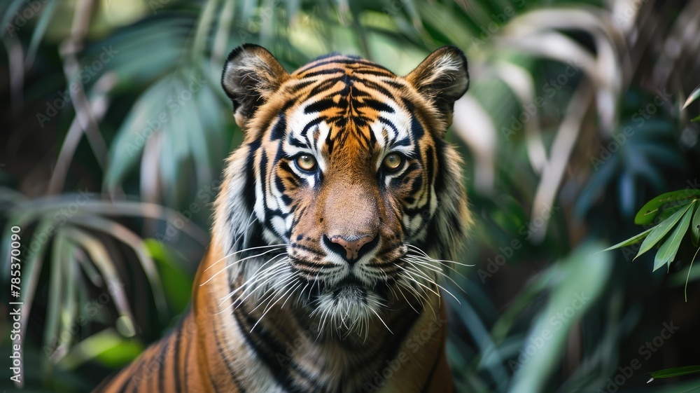 Intense gaze of a wild tiger in greenery - The fierce, focused eyes of ...