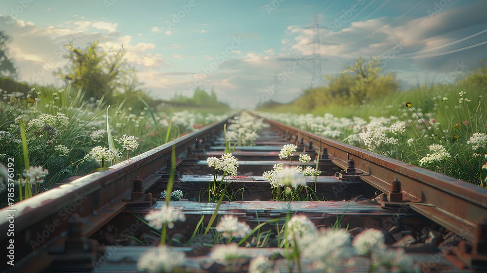 railroad track covered with flowers. a broken old train, worn out by ...