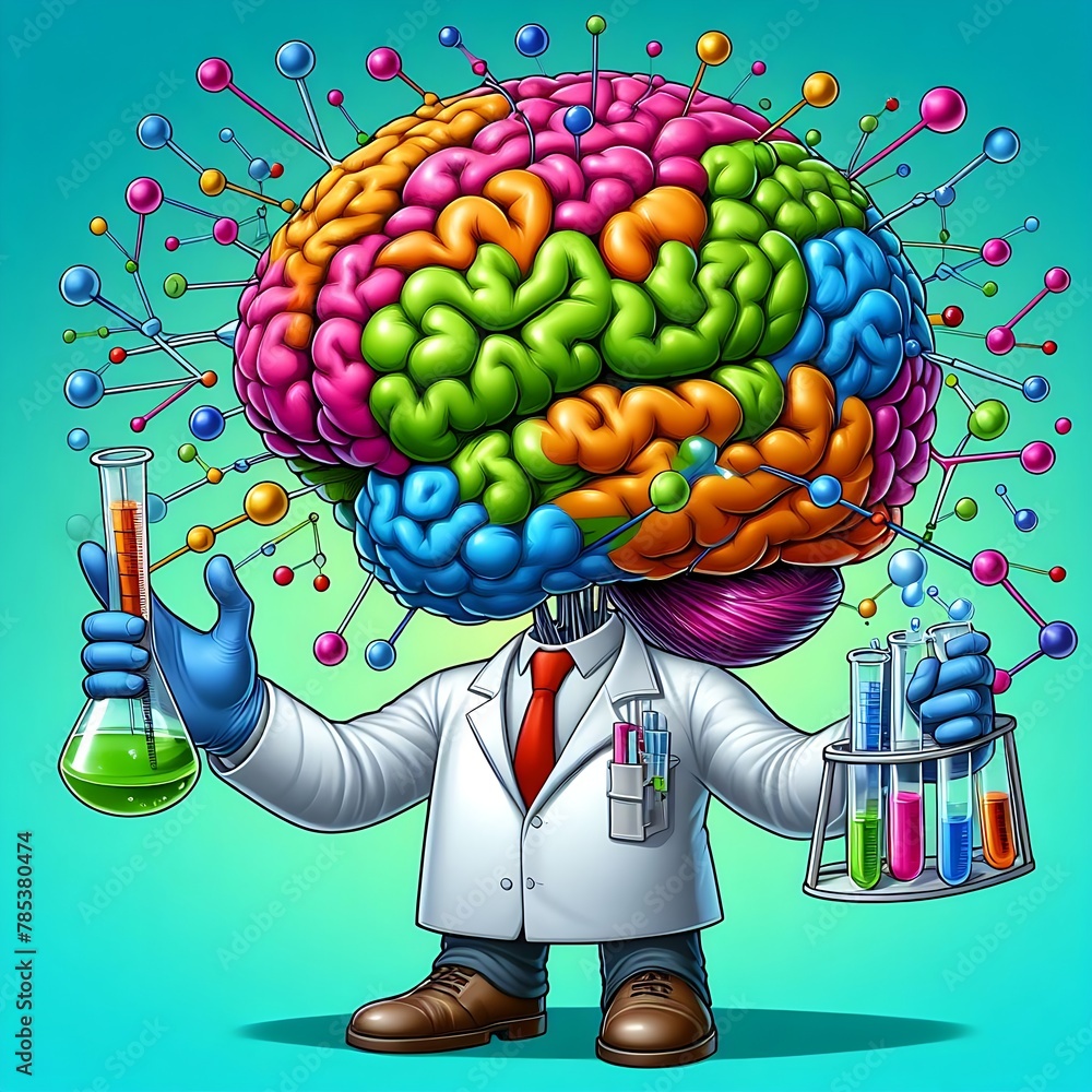 A scientist with a colored big brain instead of a head, solves chemical ...