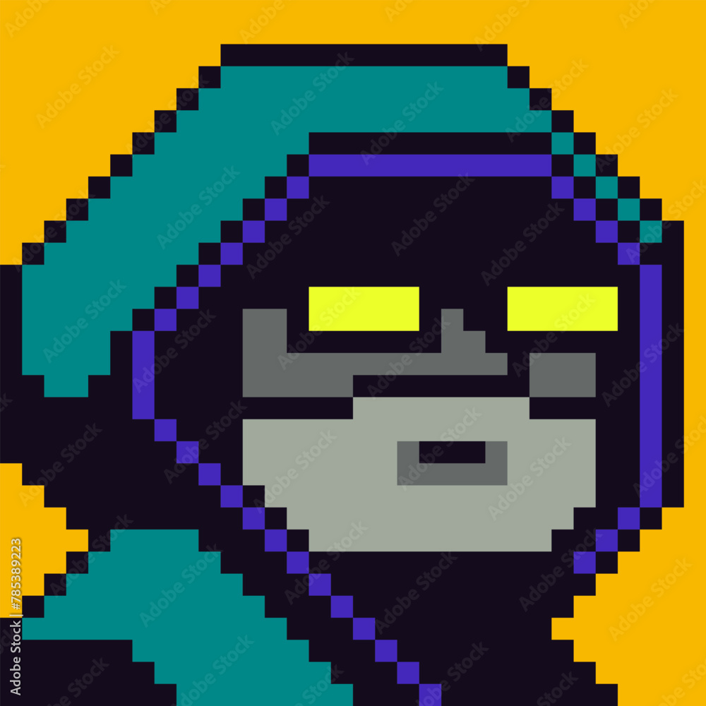 Avatar pixel hooded man spy hiding character, cartoon vector icon, game ...