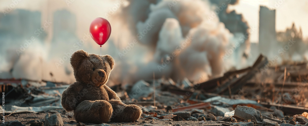 Kids teddy bear toy with balloons over city burned destruction of an ...