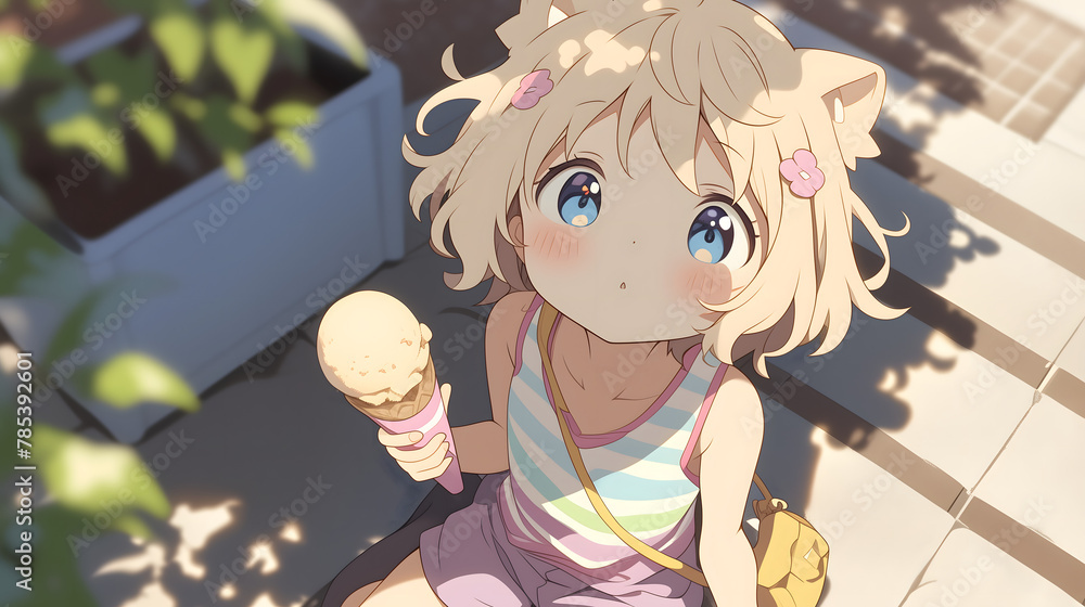 anime, fille, glace, été, dessin animé, mignon, détente, loisirs ...