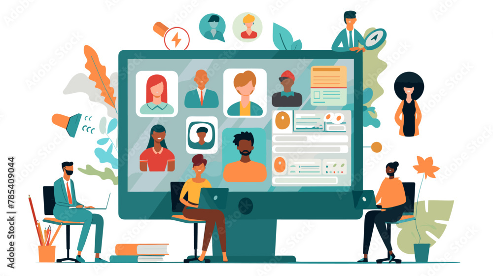 Flat vector illustration of diverse business team working together to ...