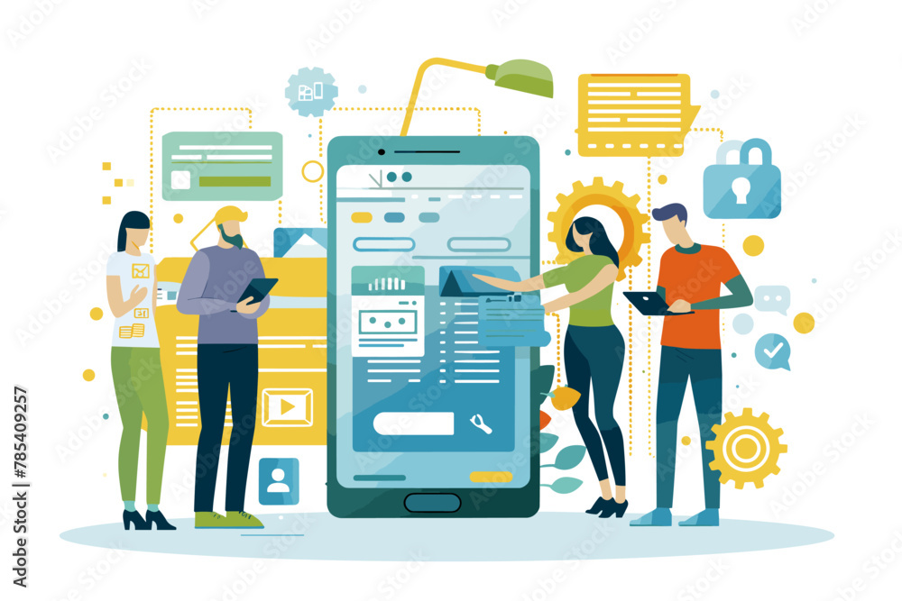 Flat vector illustration of diverse business team working together to ...