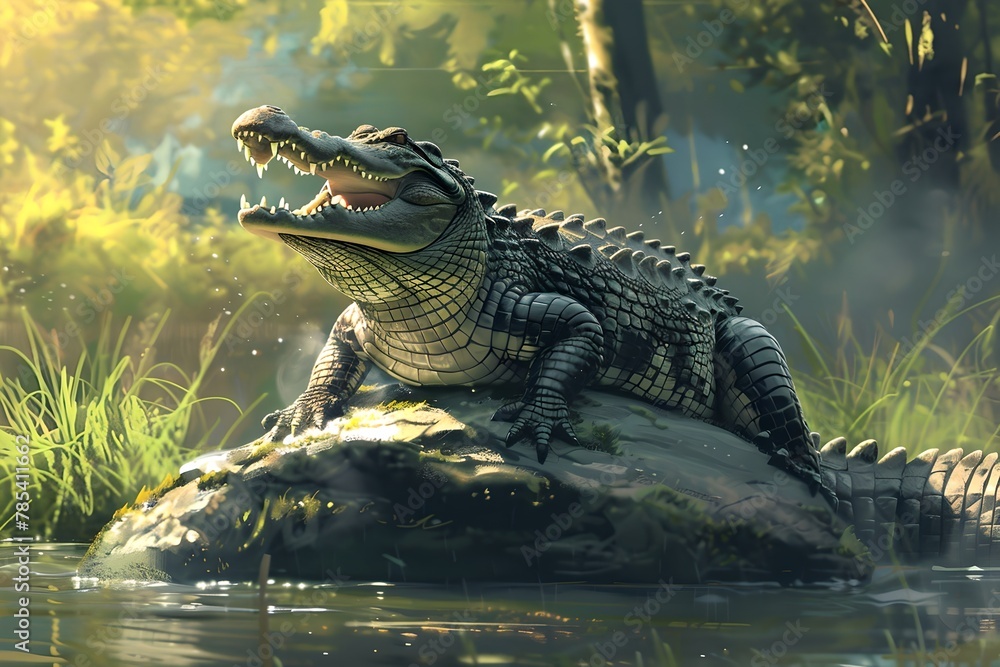 Majestic alligator sunbathing on a rock surrounded by lush greenery ...