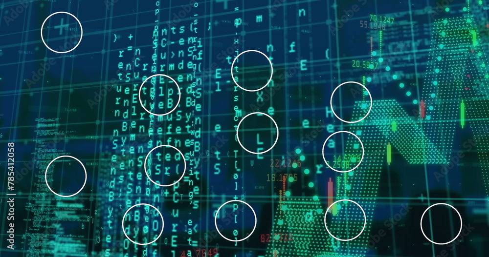 Image of icon flowchart, multiple graphs and computer language over ...