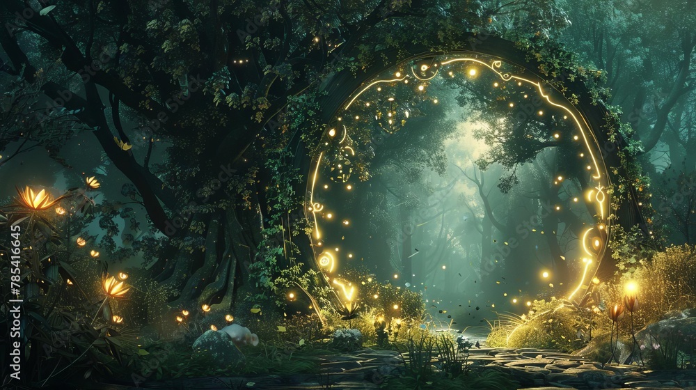 magical portal in a enchanted forest with glowing symbols and ...