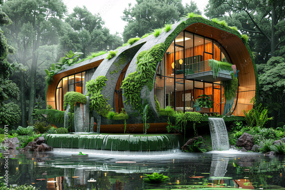Illustrate a sustainable building designed with recycled materials ...