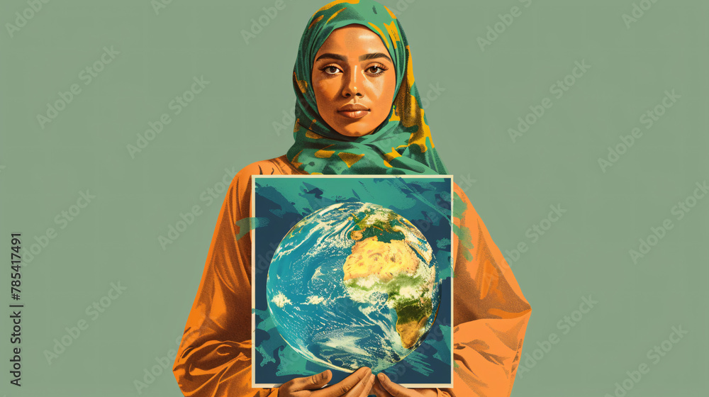 Illustration of a determined Muslim climate change activist, hijab-clad ...