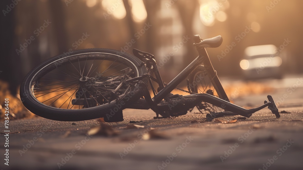 Road accident scene with destroyed bike. Bicycle crash on roadside ...
