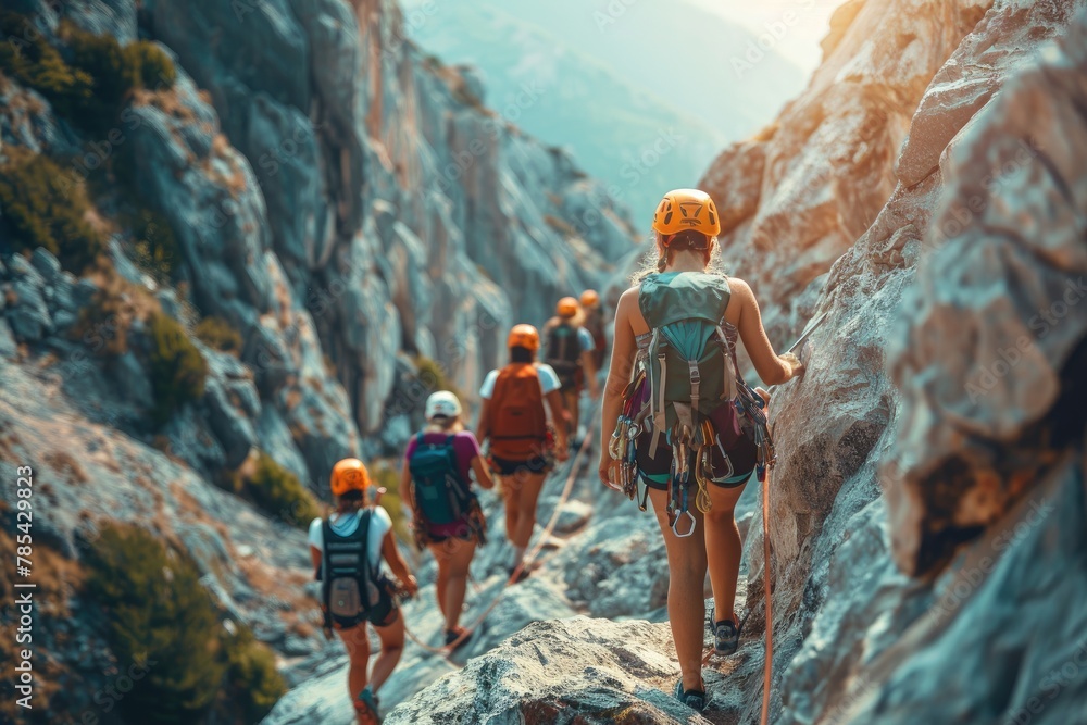 Woman and group of other people climbing on steep rock face on via ...
