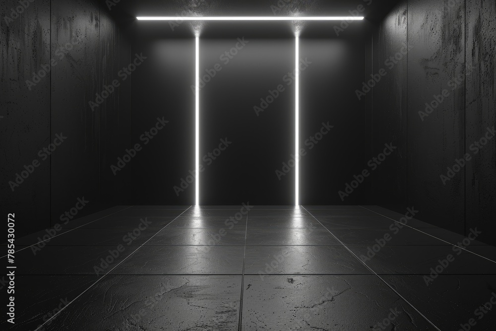 An empty underground black room like tunnel with bare walls and ...