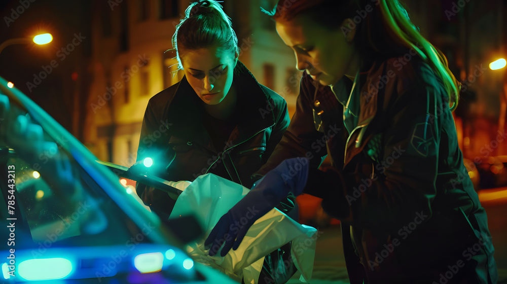 Crime Scene at Night: Crime Scene Investigation Team Working on a ...