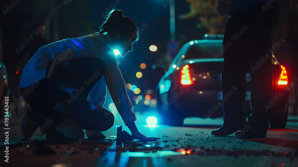 Crime Scene at Night: Crime Scene Investigation Team Working on a Murder. Female Police Officer ...