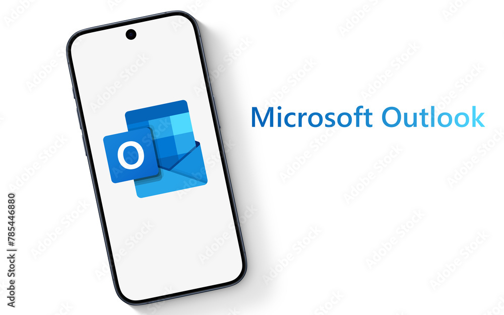 Outlook Logo is displayed on a modern smartphone, laying on a white ...