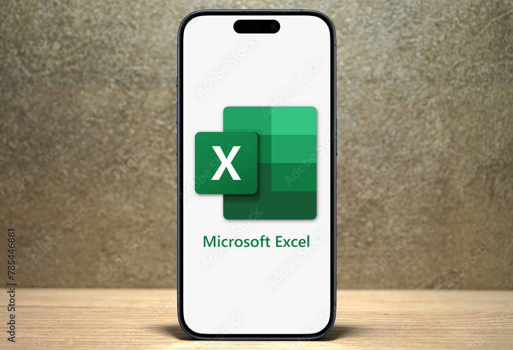 Microsoft Excel logo is displayed on a modern smartphone, spreadsheet ...
