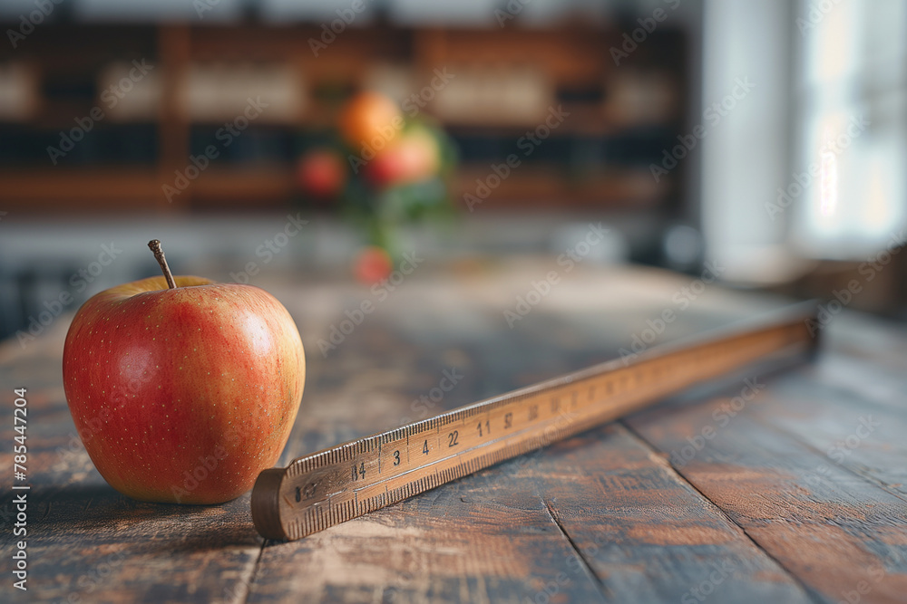 A vintage wooden ruler next to an old-fashioned apple on a teacher's ...