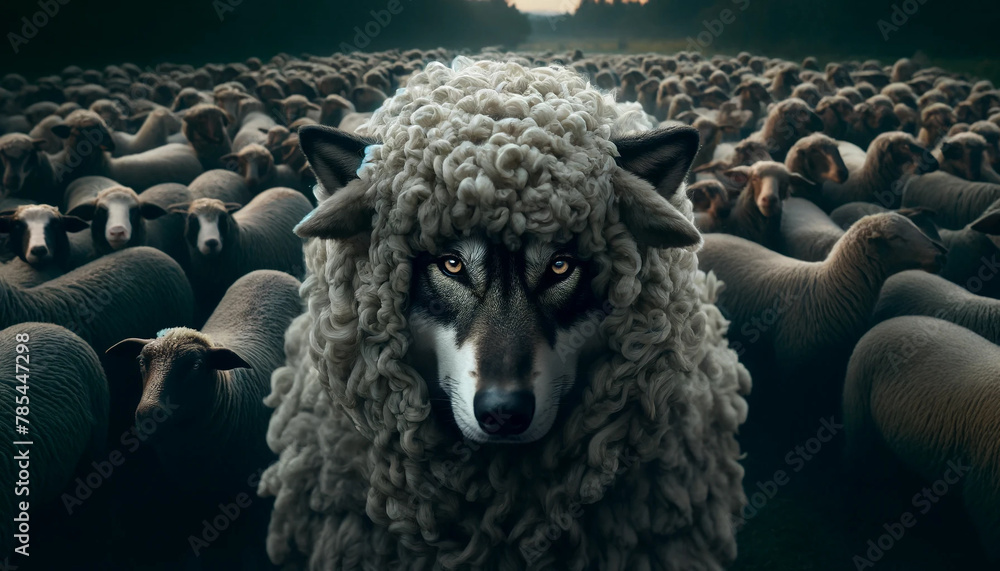 A wolf with fierce amber eyes sparkling through a hole in the sheep's ...