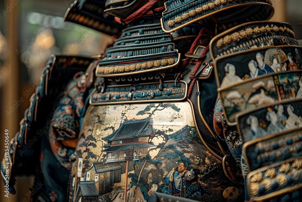 Samurai s Detailed Armor Showcasing Miniature Ukiyo e Scenes Blending ...