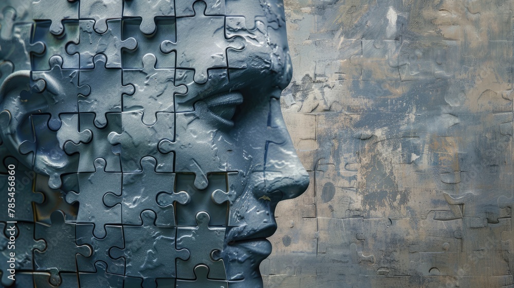 Human head profile with jigsaw puzzles. Mental health, brain problem ...