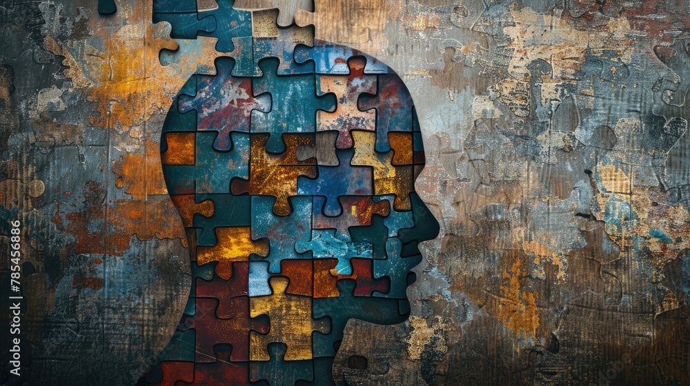 Human head profile with jigsaw puzzles. Mental health, brain problem ...