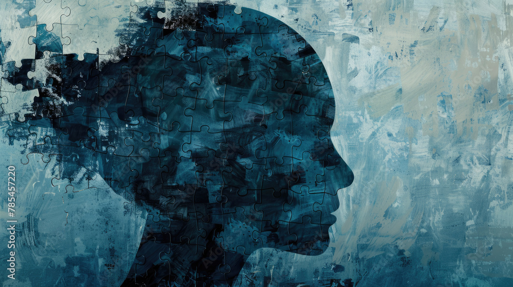 Human head profile with jigsaw puzzles. Mental health, brain problem ...