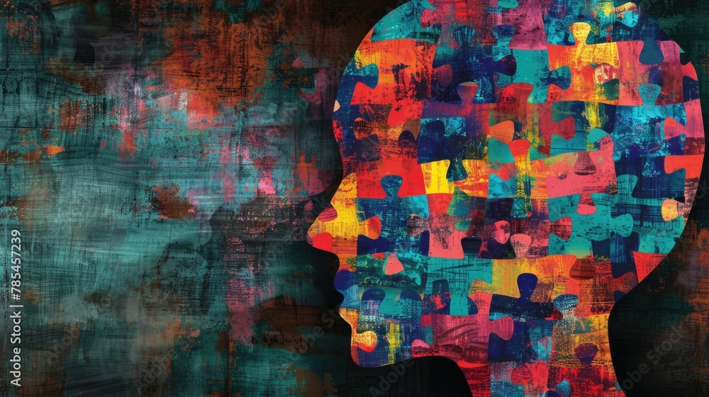 Human head profile with jigsaw puzzles. Mental health, brain problem ...