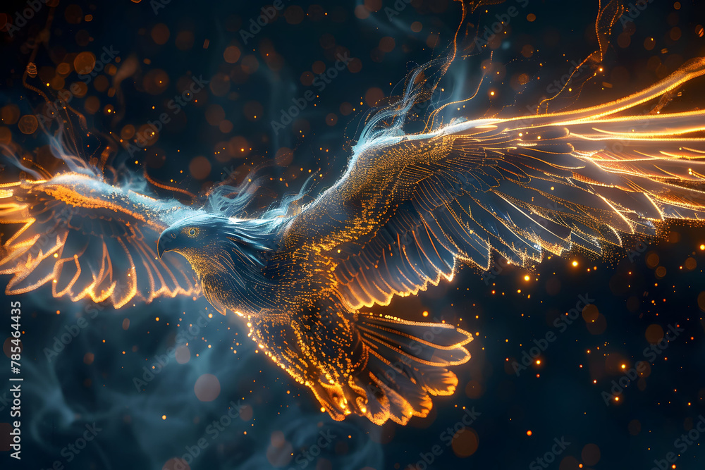 Fantasy Flying Eagle with particle effect Indigo and gold color tone ...
