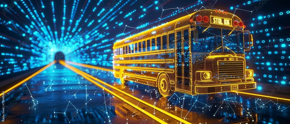 digital school bus with binary code, integration of artificial intelligence into student ...