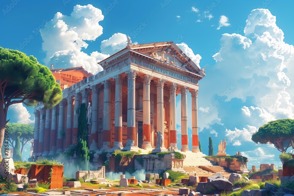 AI generated isometric illustration of ancient Roman temple ruins under ...