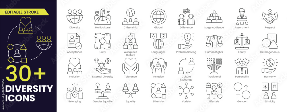 Diversity icon set. Containing equality, culture, languages, tolerance ...