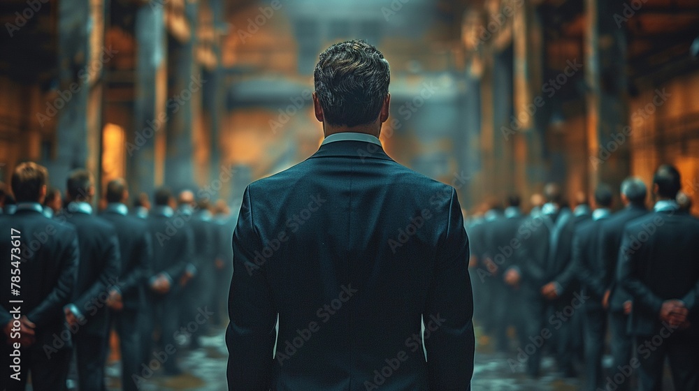 A realistic photo captures a leader standing at the forefront of a team ...