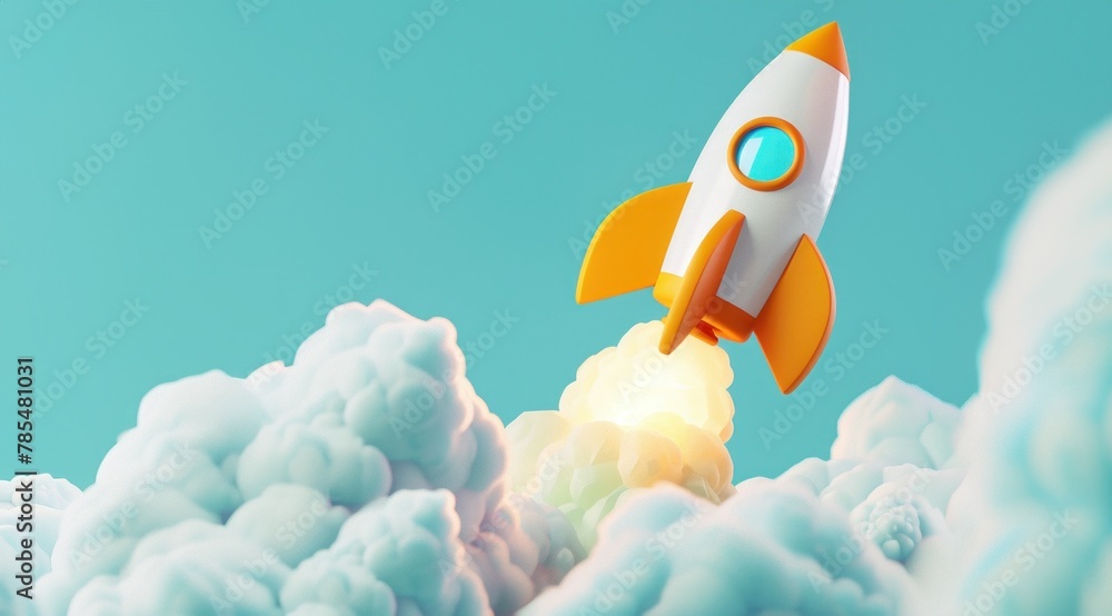 Fusée de style dessin animé, cartoon en 3D, volant dans le ciel, avec ...