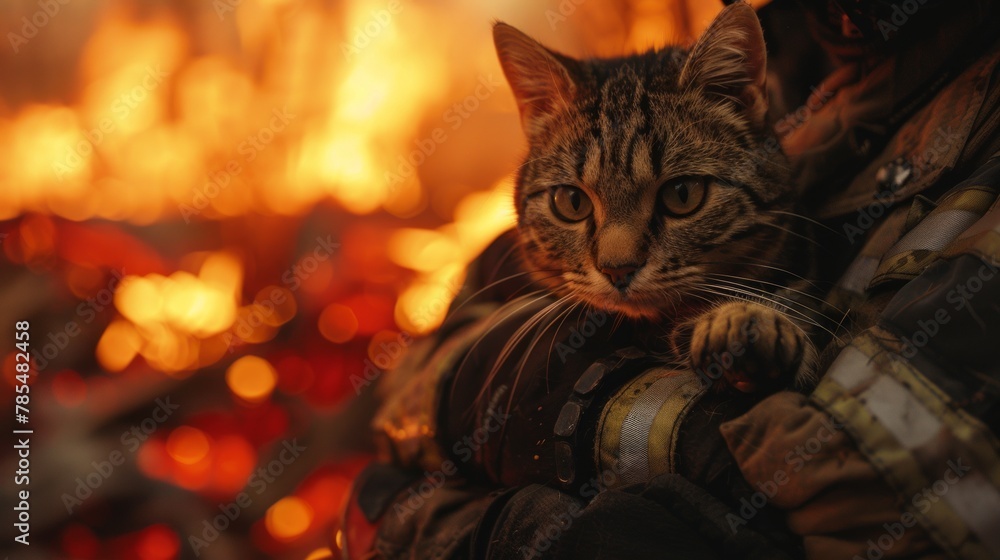 Foto de Comfort and safety as fireman in suit shares close embrace with ...