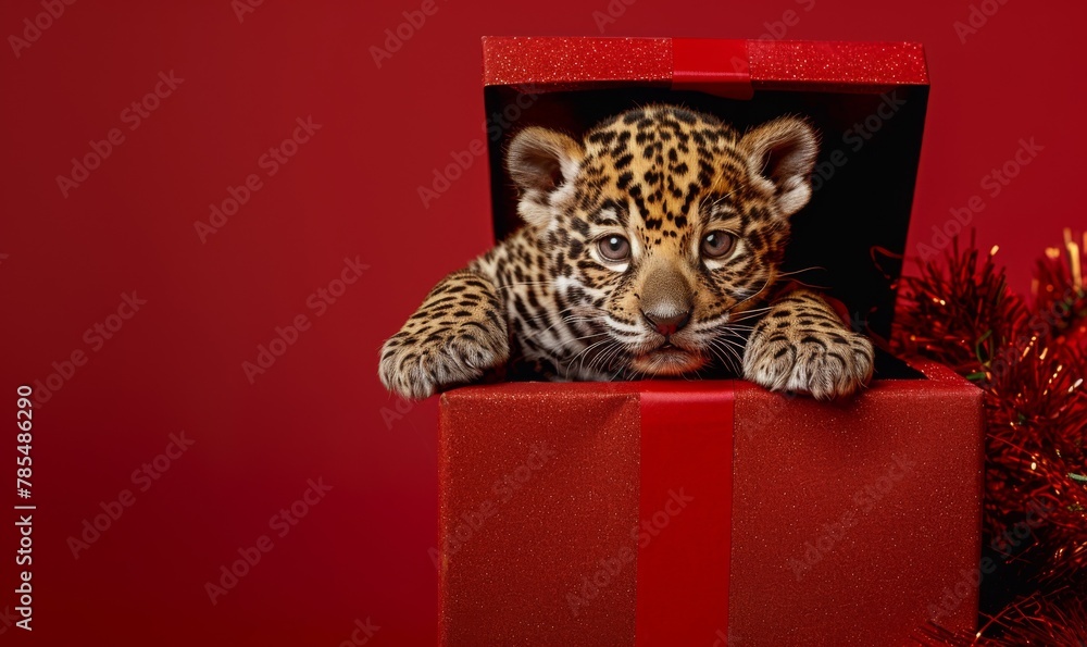 Cute leopard cub peers out of a luxury red glittering gift box against ...