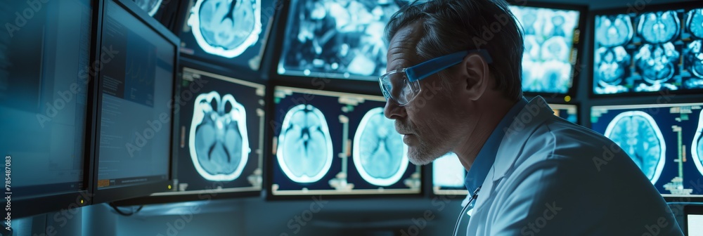 A focused doctor examines multiple brain MRI scans on a monitor in a ...