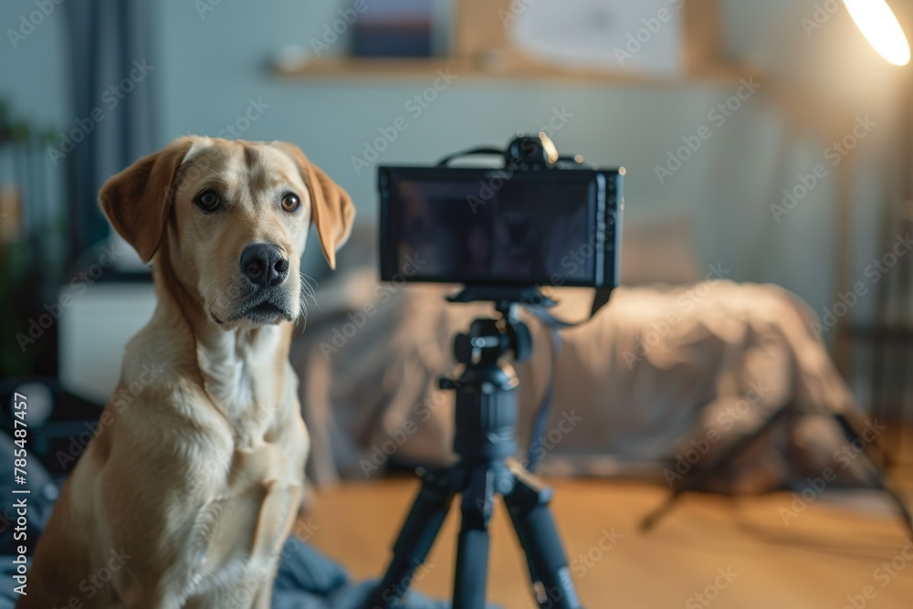 Labrador Retriever takes center stage in front of a camera, its ...