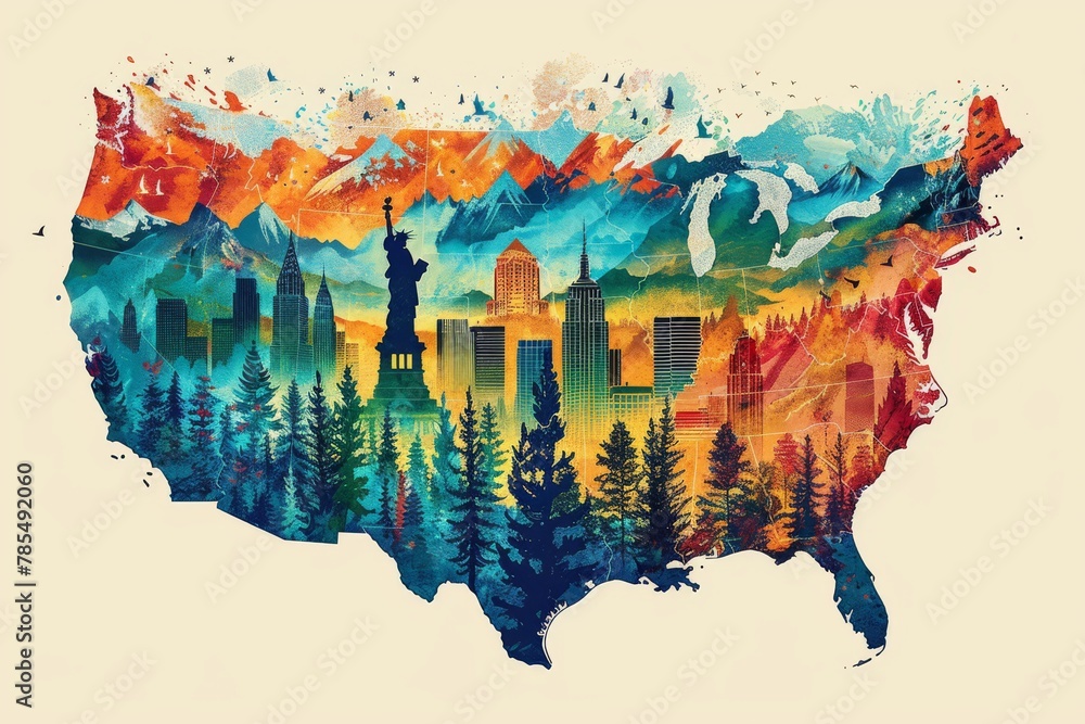 Artistic USA map collage with famous landmarks and landscapes in ...
