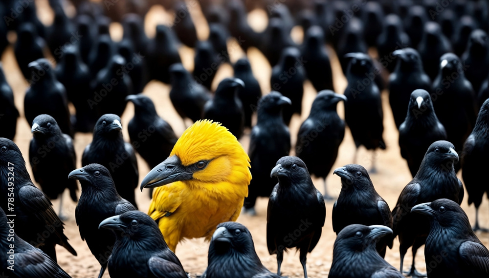 A yellow crow alone among a crowd of black crows, concept of standing ...