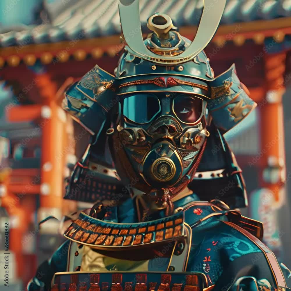 Vidéo Stock A samurai wearing a futuristic helmet and armor stands in ...