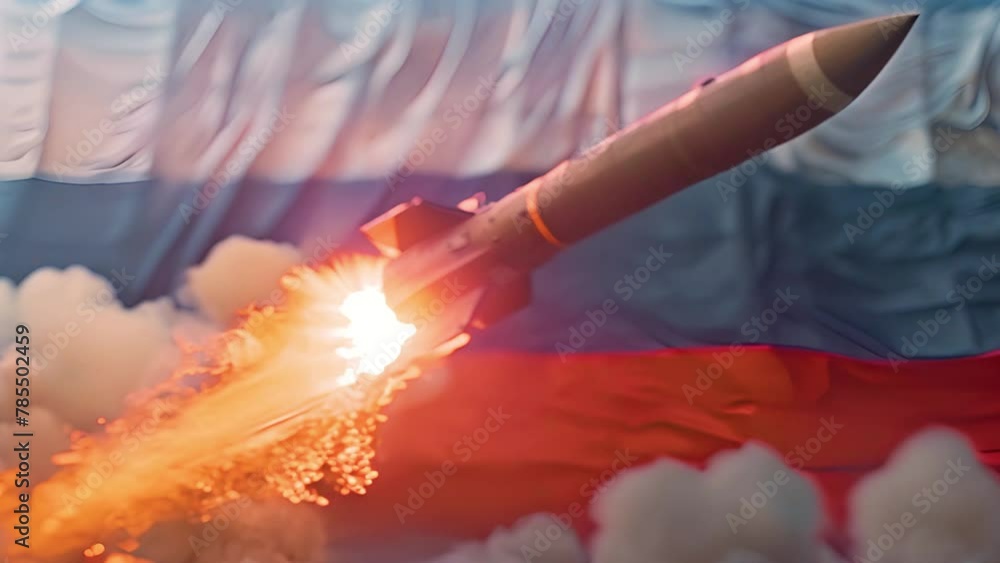 Russian flag with flying nuclear bomb. Russia's nuclear missile threat ...
