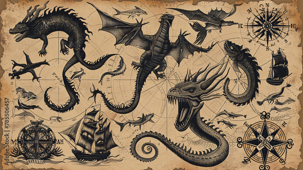 Vintage map elements. Serpent dragon leviathan sketch. Stock ...