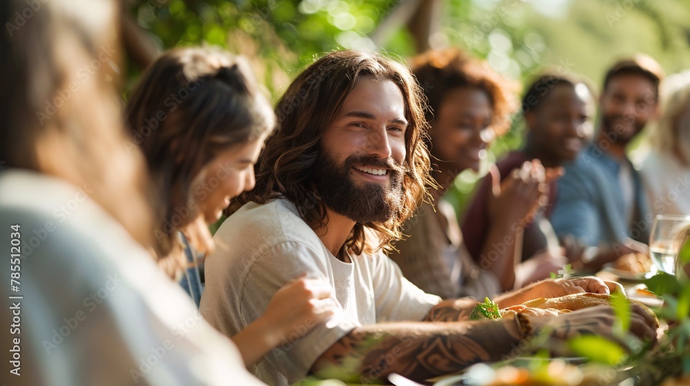 Jesus sharing a meal with people from diverse backgrounds, breaking ...
